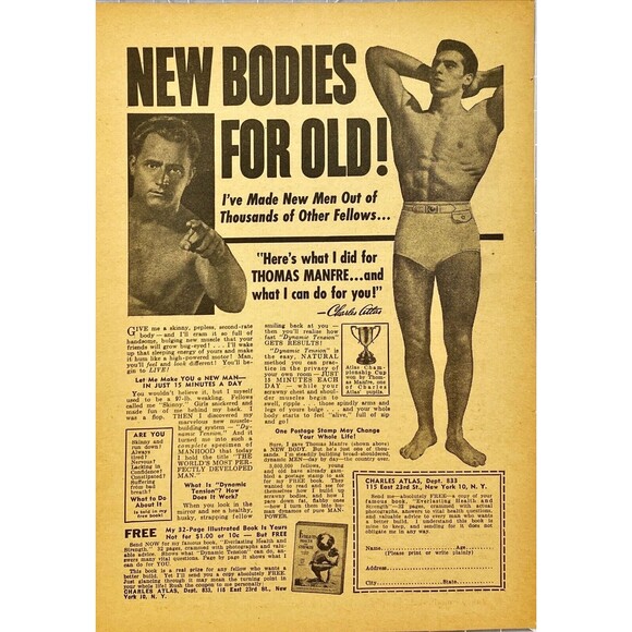 Charles Atlas | Art | Charles Atlas New Bodies For Old Dynamic Tension Gets Results Print Ad 954 ...